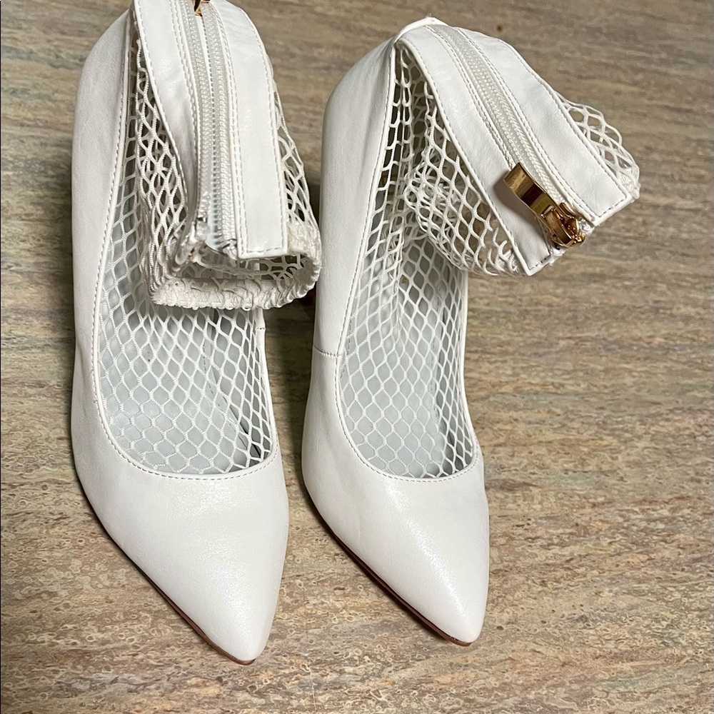 Liliana Pointy White High Heels With Mesh - Gem